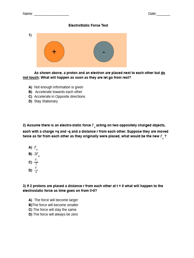 Electrostatic Force Test Questions | PDF | Force | Proton