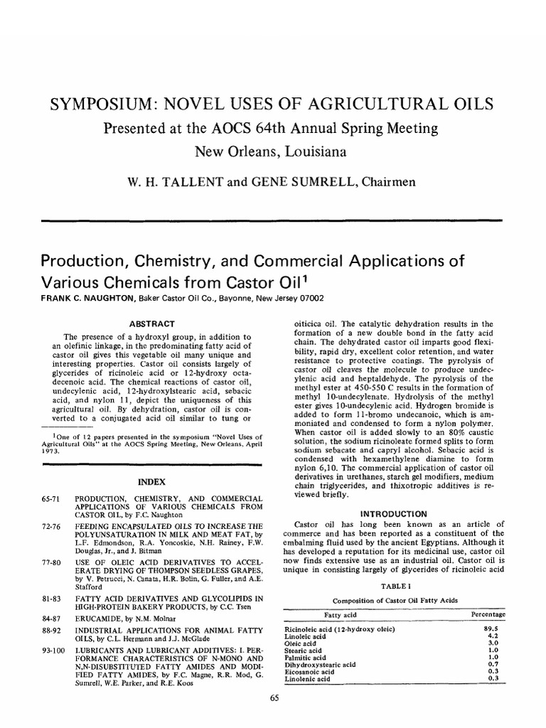 Production, Chemistry, And Commercial Applications of Castor Oil | PDF ...