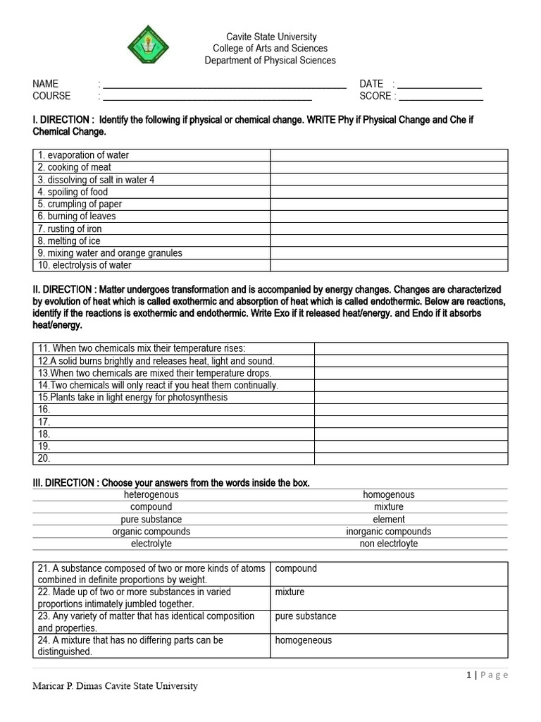 Final Exam in General Chemistry Laboratory BSC2-8 | PDF | Chemical ...