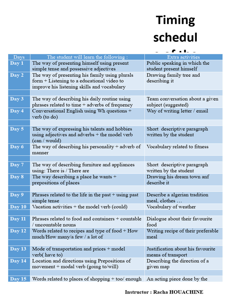 Timing Schedule | PDF | Verb | Adverb