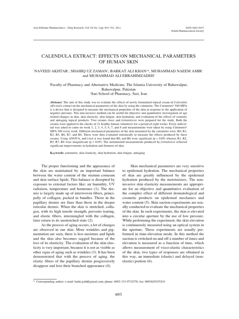 Calendula Extract: Effects On Mechanical Parameters of Human Skin | PDF ...