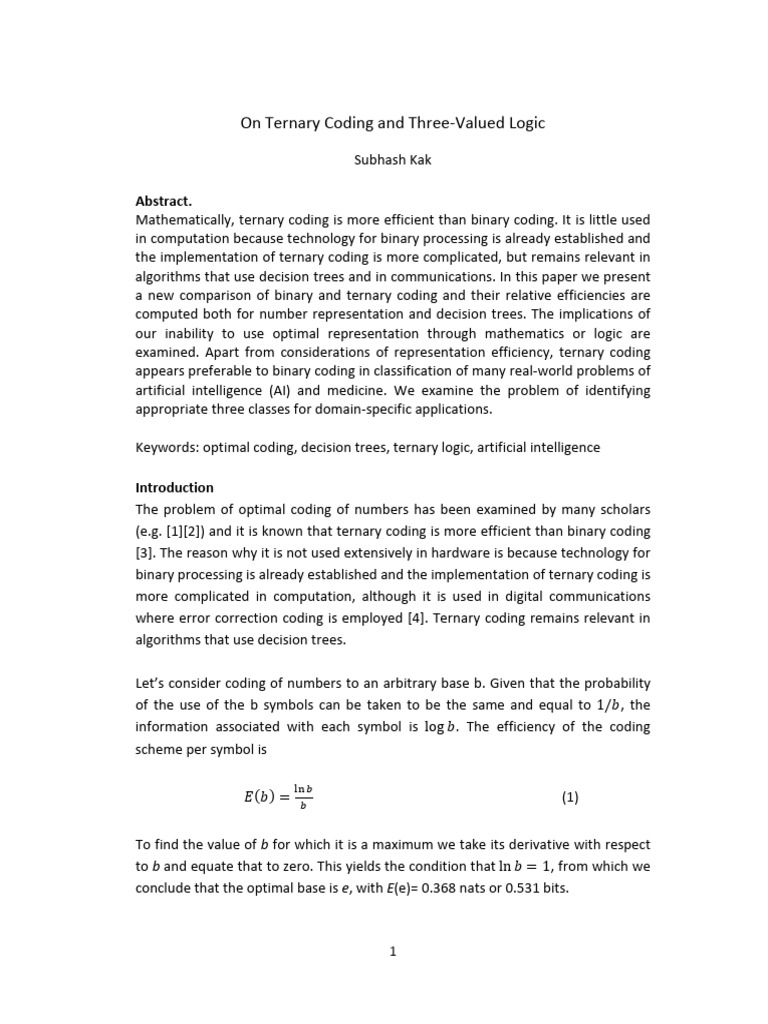 On Ternary Coding and Three-Valued Logic: Abstract | PDF | Applied Mathematics
