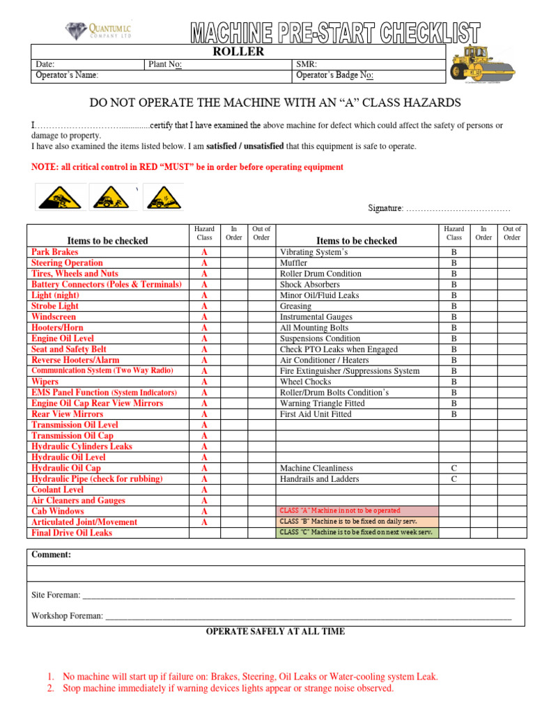 Roller Pre-start Checklist | PDF | Leak | Brake