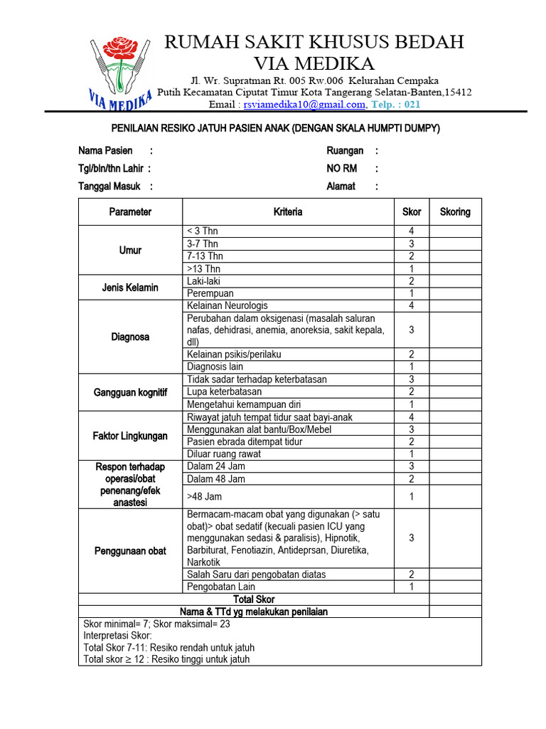 Format Penilaian Resiko Jatuh DEWASA Dan ANAK RSK BEDAH VIA MEDIKA | PDF