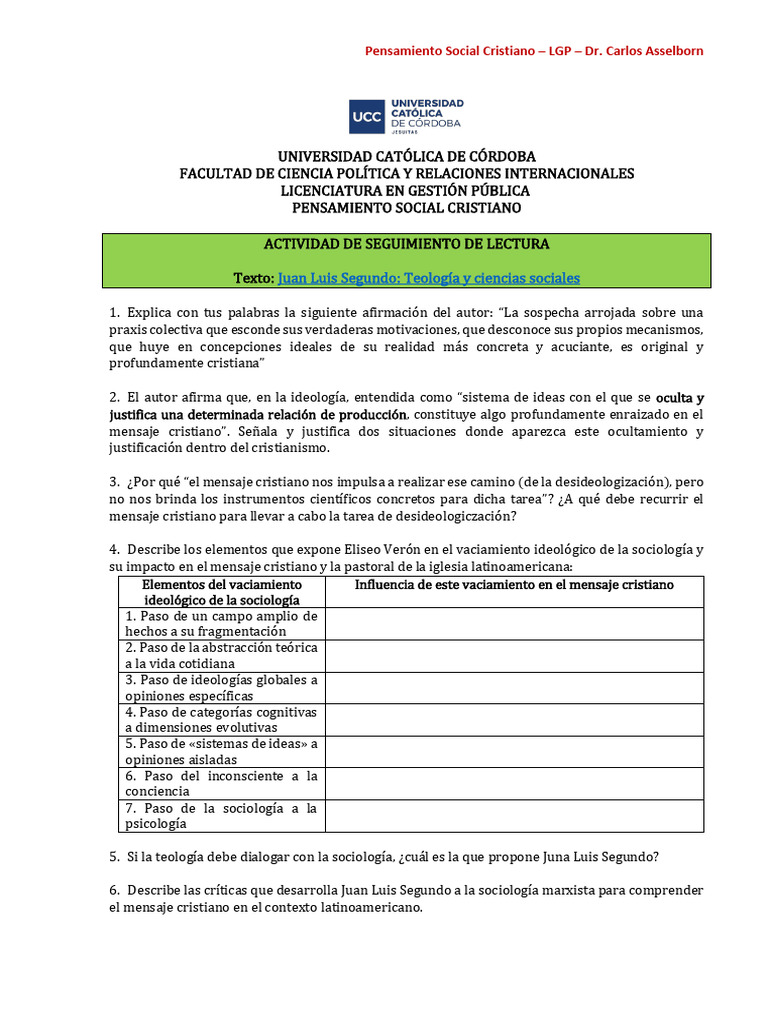 Guía de Lectura Juan Luis Segundo Teologìa y Ciencia Sociales PSC | PDF ...