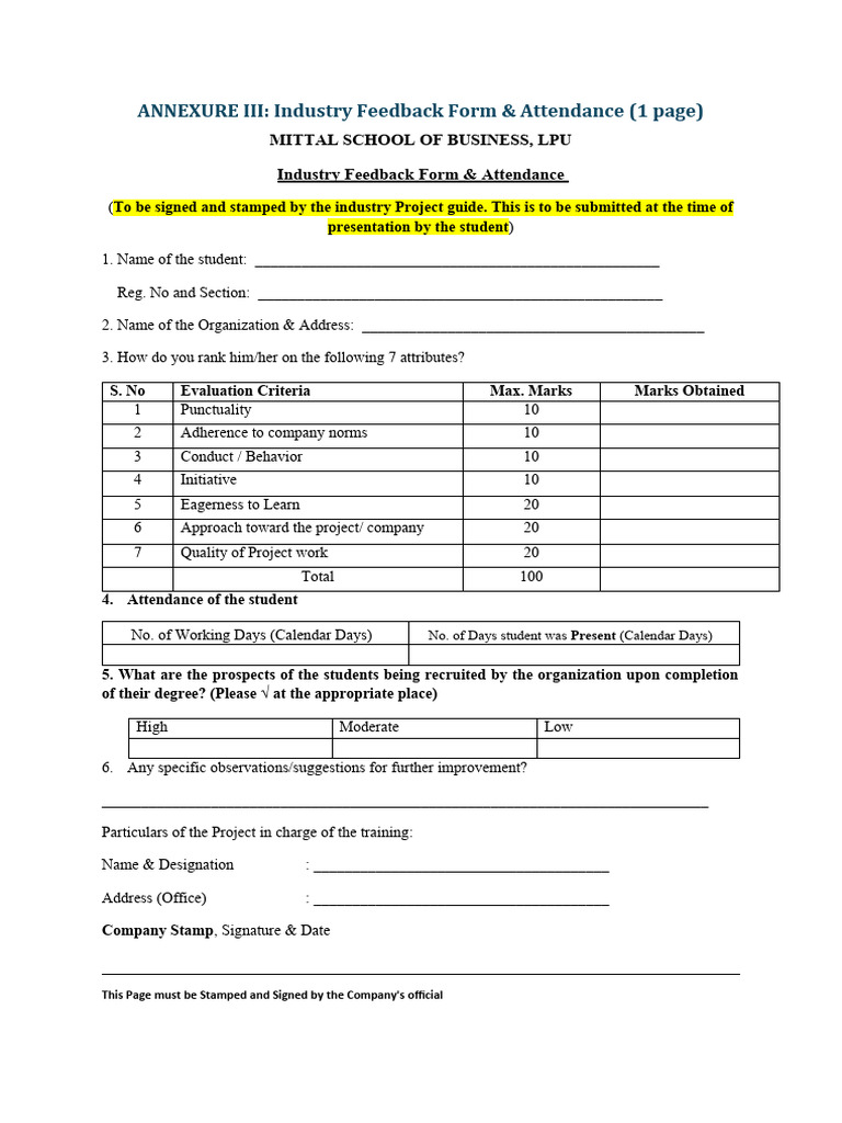 ANNEXURE III - Attendance and Feedback Form | PDF | Career & Growth ...