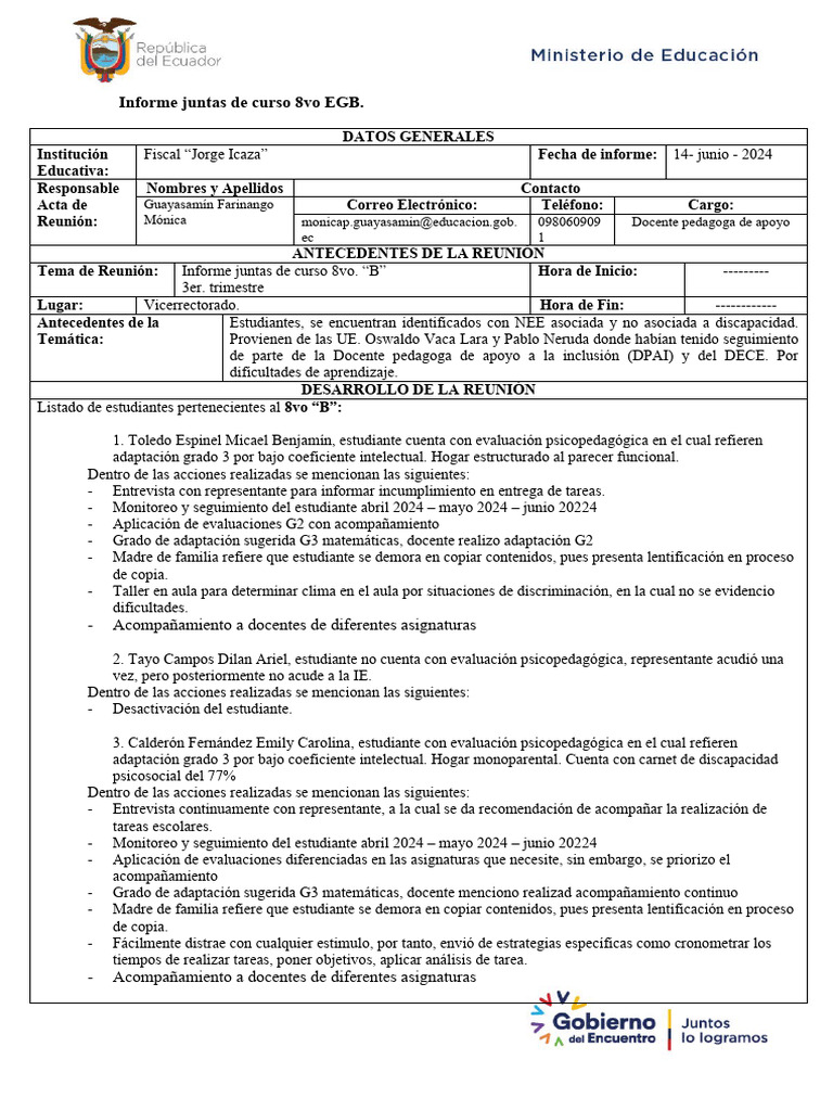 Informe Juntas de Curso JI 8vo. B | PDF | Cognición | Modificación de comportamiento