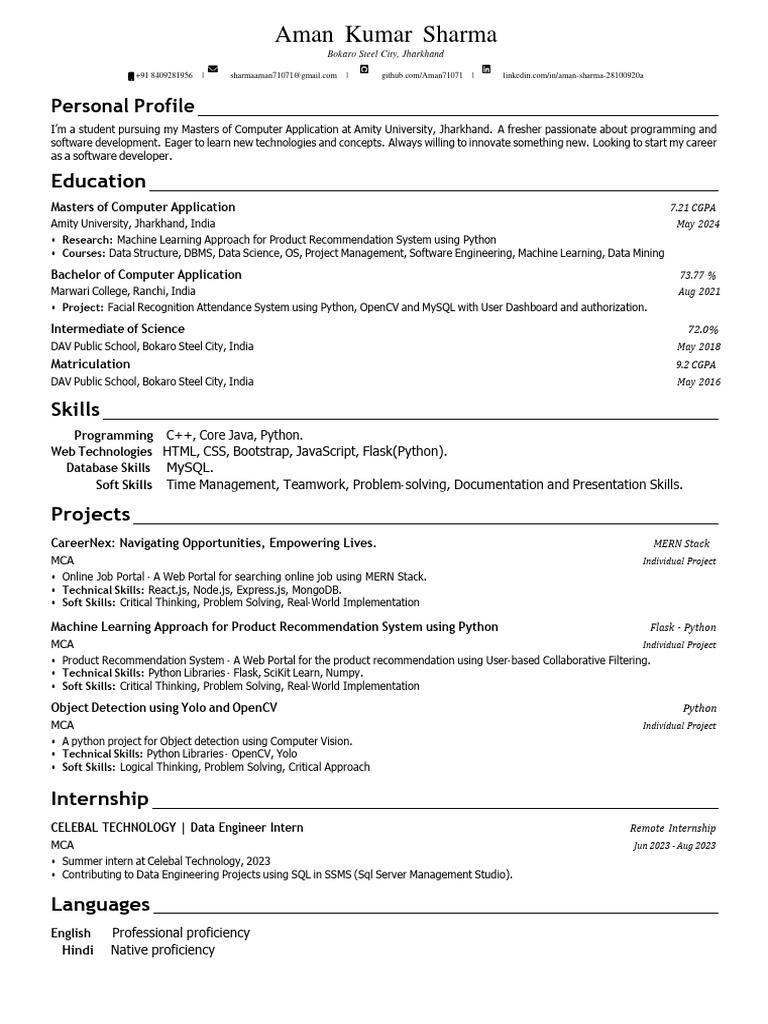 Aman Kumar Sharma Resume New | PDF | Python (Programming Language) | World Wide Web