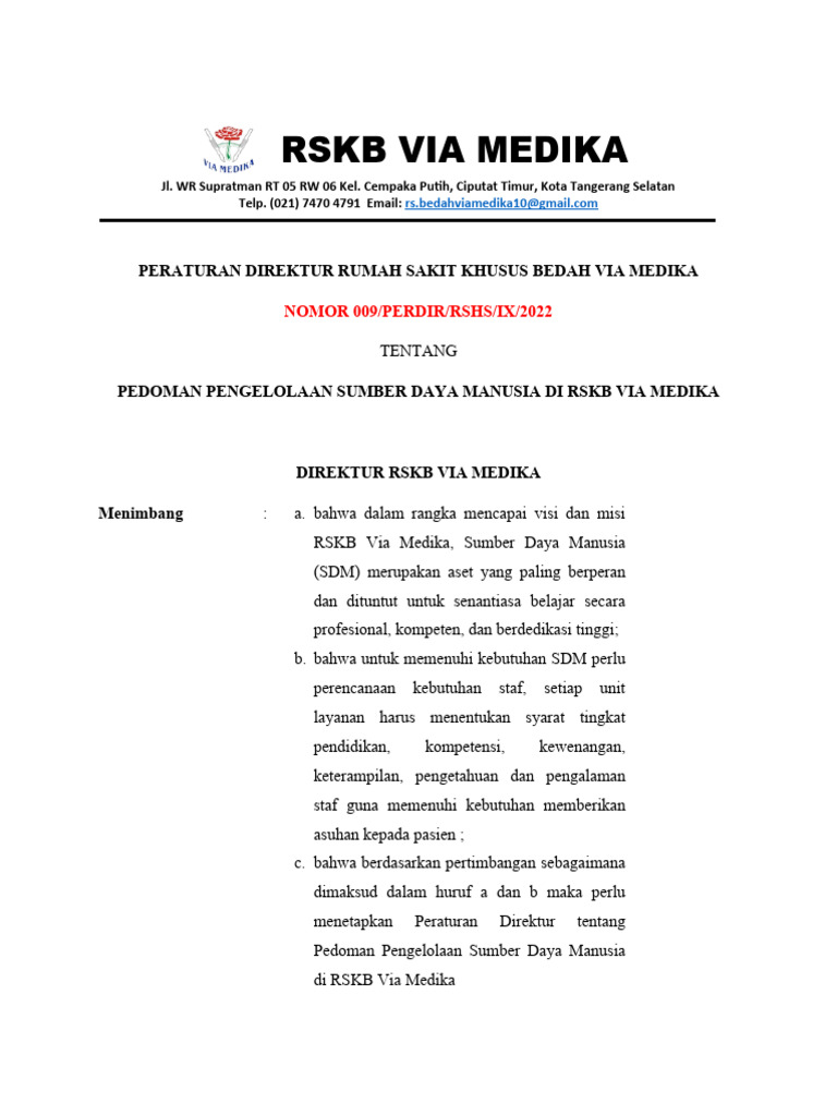 Pedoman SDM RSKB Via Medika 2022 | PDF