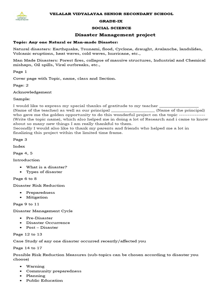 Disaster management project grade 9 | PDF