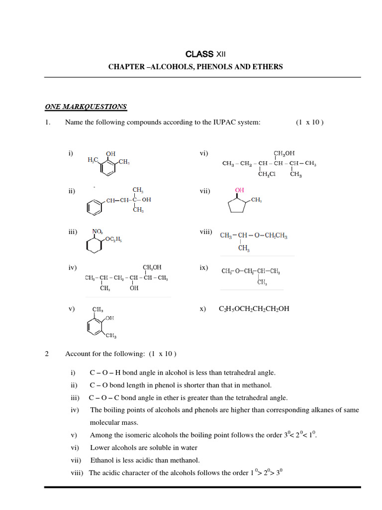 SLW On Alcohol Phenol & Ethers (MAY) | PDF | Organic Chemistry | Chemistry