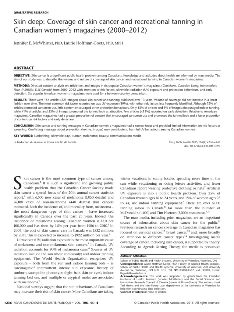 Skin Deep Coverage of Skin Cancer and Recreational Tanning in Canadian ...