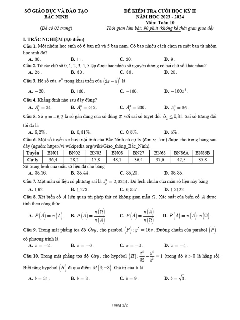 De Kiem Tra Cuoi Hoc Ki 2 Toan 10 Nam 2023 2024 So GDDT Bac Ninh | PDF