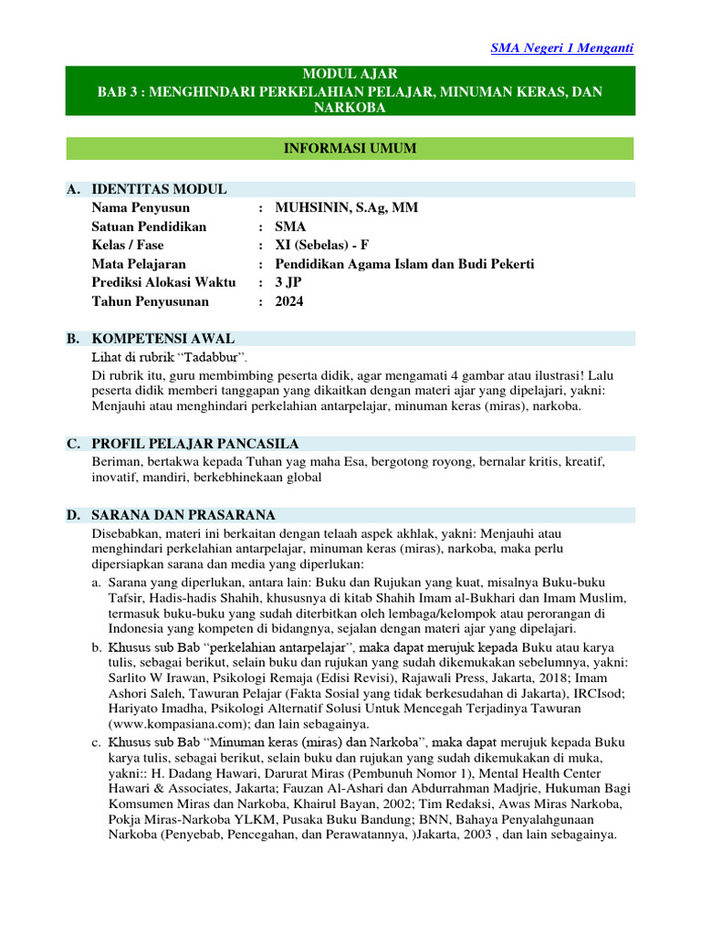 Modul Ajar PAI BP Kelas XI SMA Fase F Bab 3 - SMAN 1 Menganti | PDF