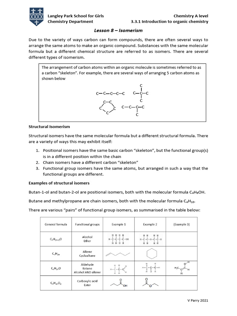 Pre Reading Lesson 08 Isomerism | PDF | Isomer | Alkene