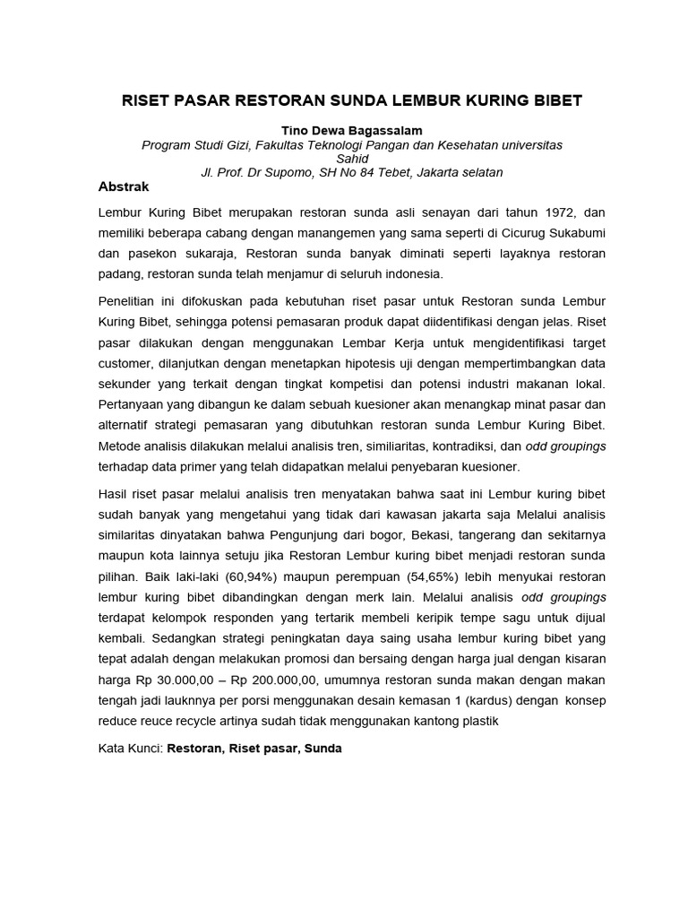 Riset Pasar Restoran Sunda Lembur Kuring Bibet: Abstrak | PDF | Bisnis