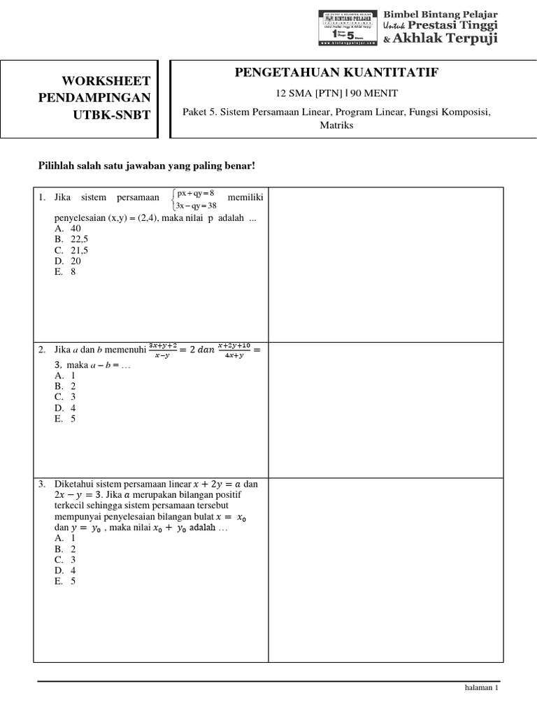 Worksheet Pengetahuan Kuantitatif - 12 SMA - Paket 5. Sistem Persamaan ...