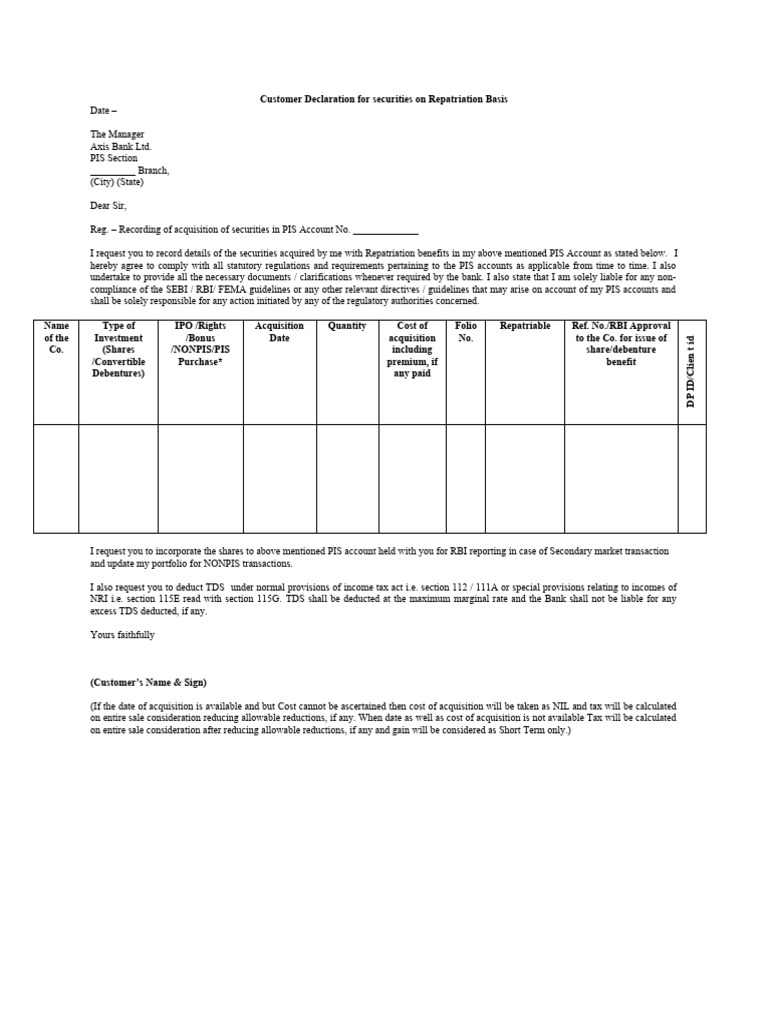 N - Repatriation Basis - Customer Declaration For Securities | PDF ...