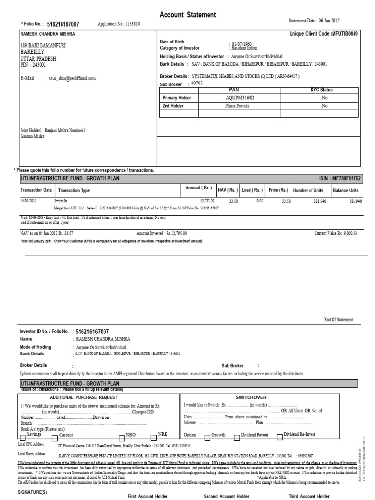 Unique Client Code:MFUTIB0049: Statement Date: 06 Jan 2012 | PDF | Banks | Investing