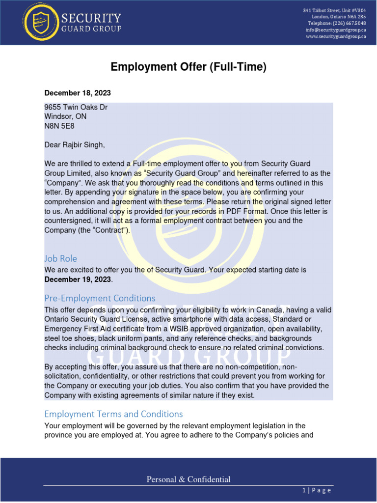 Security Guard Employment Offer Letter | PDF | Security Guard | Overtime