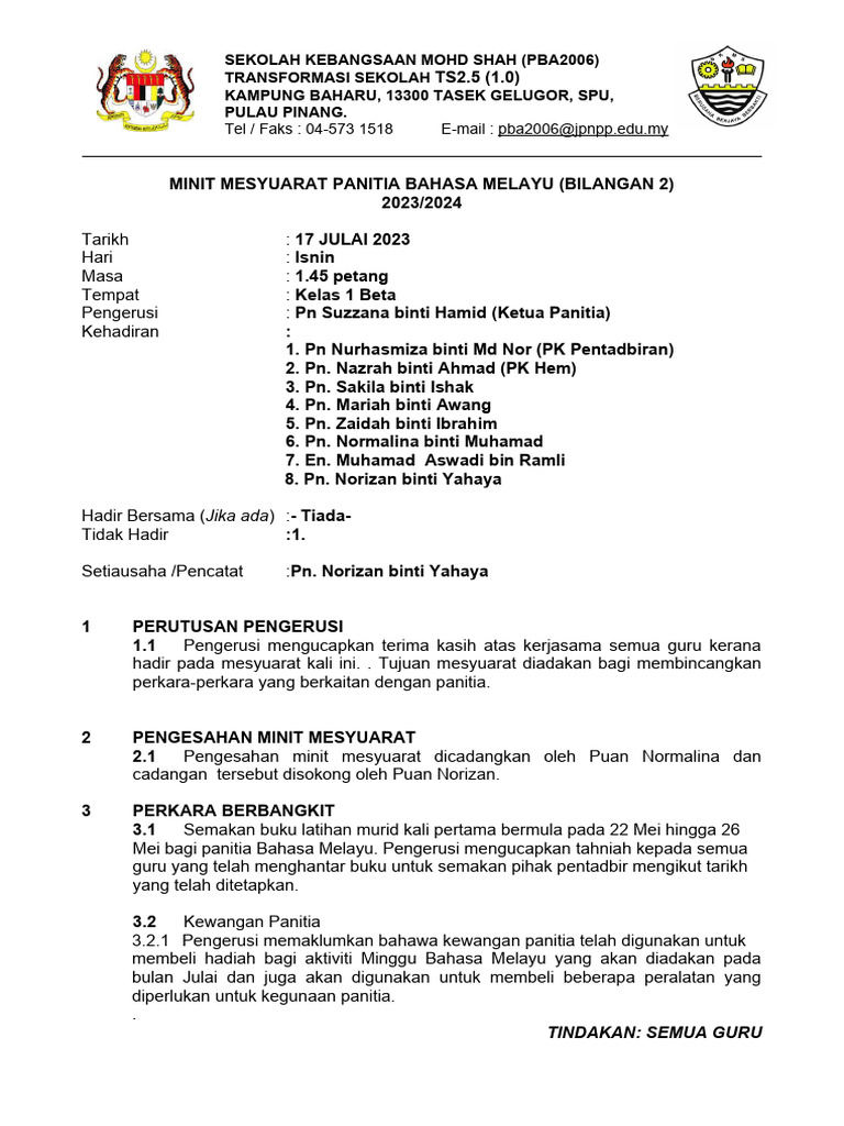 MINIT MESYUARAT PANITIA BM KALI KE- 2 2023-2024 | PDF