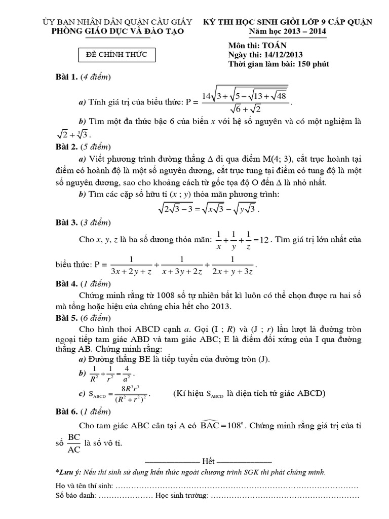 De Thi HSG 9 - Cau Giay 2013-2014 | PDF