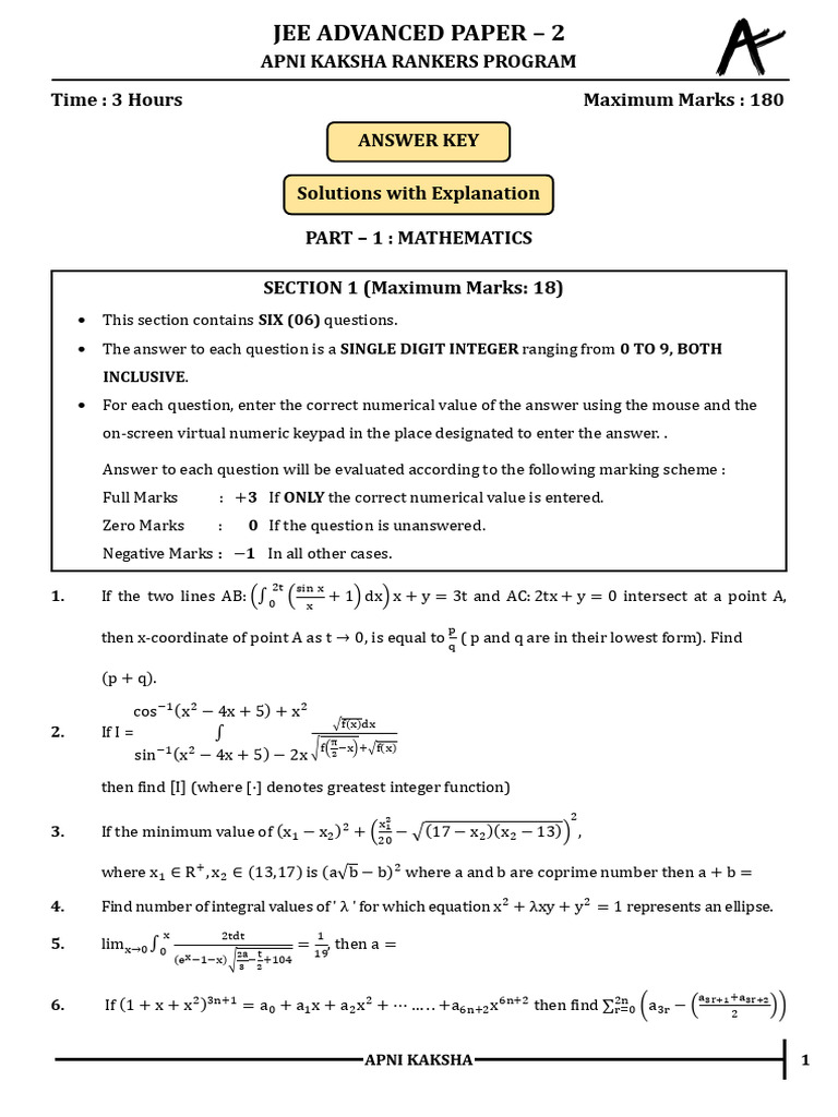 Answer Key & Solution Explanation, JEE Advanced Test Series, Paper-2 (5 ...