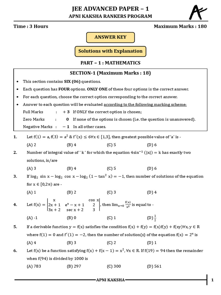 Answer Key & Solution Explanation, JEE Advanced Test Series, Paper-1 (5 ...