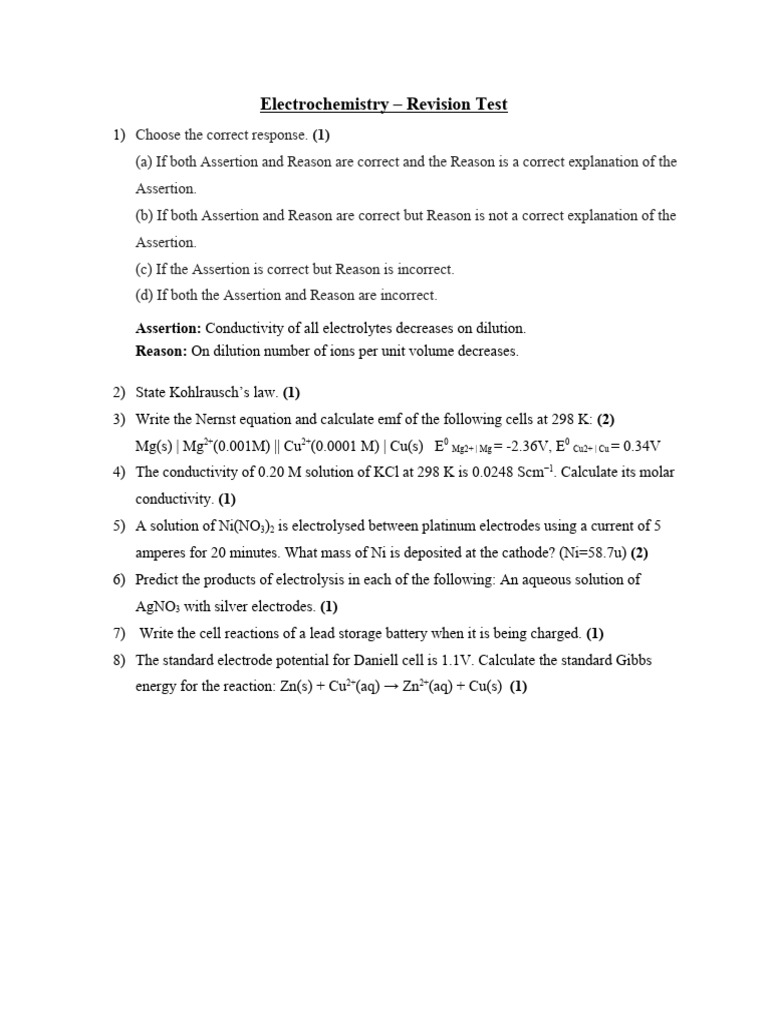 Electrochemistry Revision Test Questions | PDF
