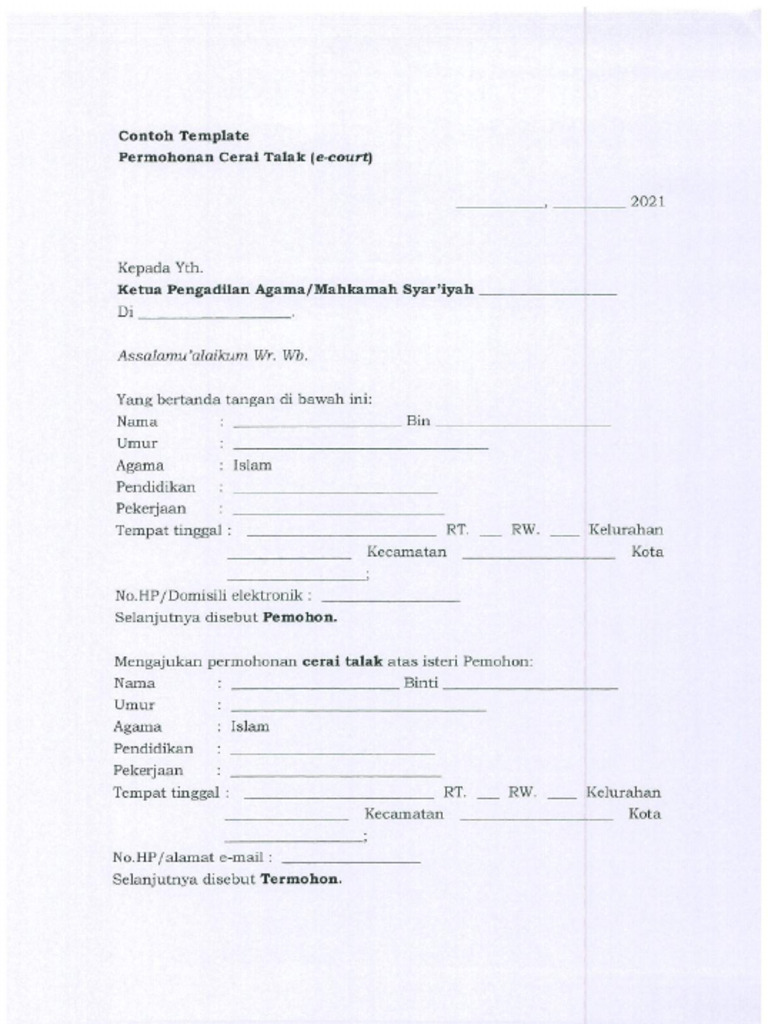 Blanko Permohonan Cerai Talak E-Court | PDF