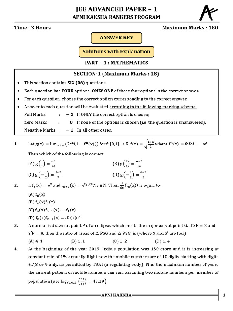 Answer Key & Solution Explanation, JEE Advanced Test Series, Paper-1 ...