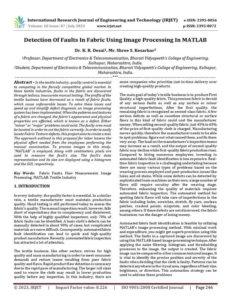 Fabric Fault Detection Using Image Processing In Matlab Pdf Textiles Pixel