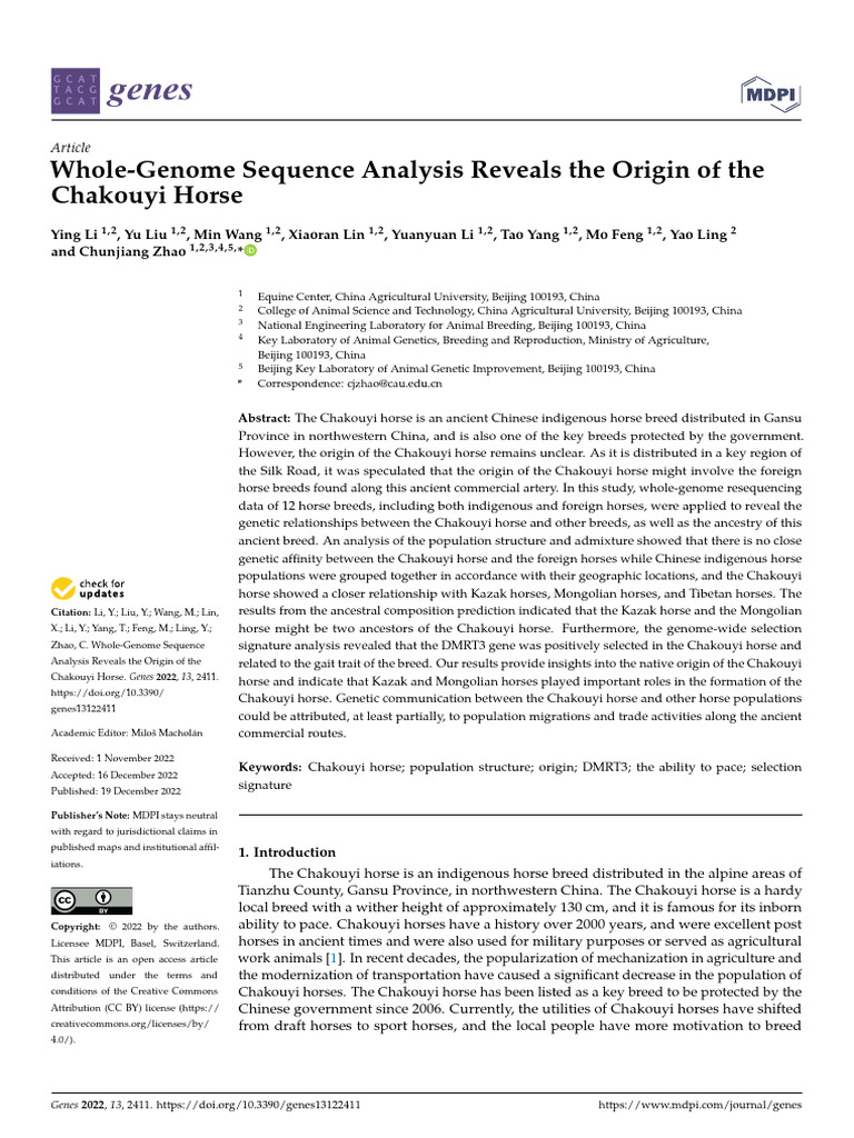 Whole-Genome Sequence Analysis Reveals the Origin of the Chakouyi Horse | Download Free PDF ...