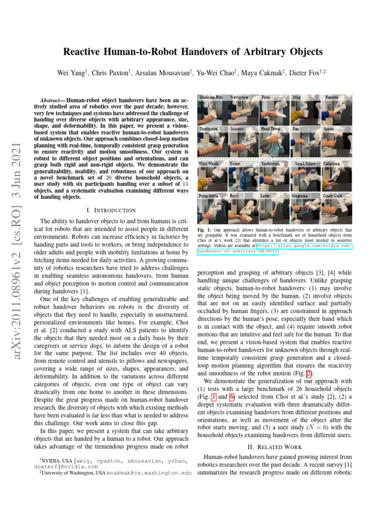 "Reactive Human-To-Robot Handovers of Arbitrary Objects | PDF | Image Segmentation | Robotics