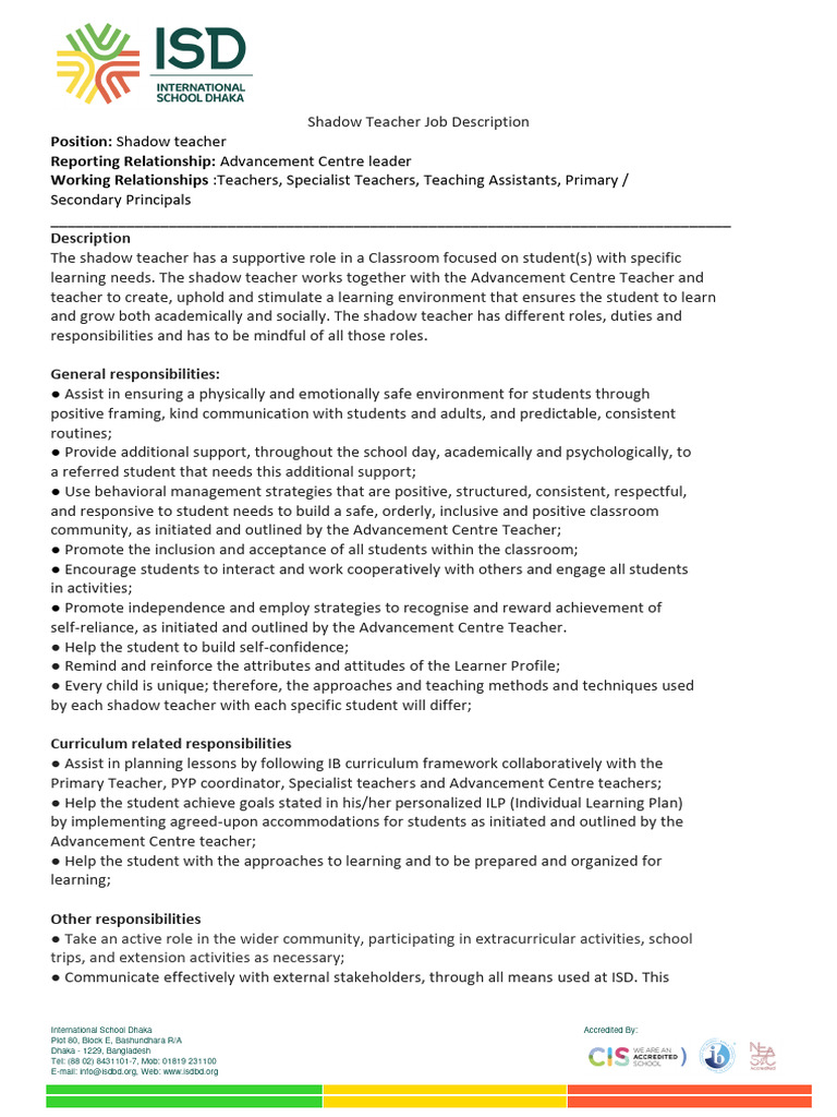 Shadow Teacher Job Description | PDF | Teachers | Learning