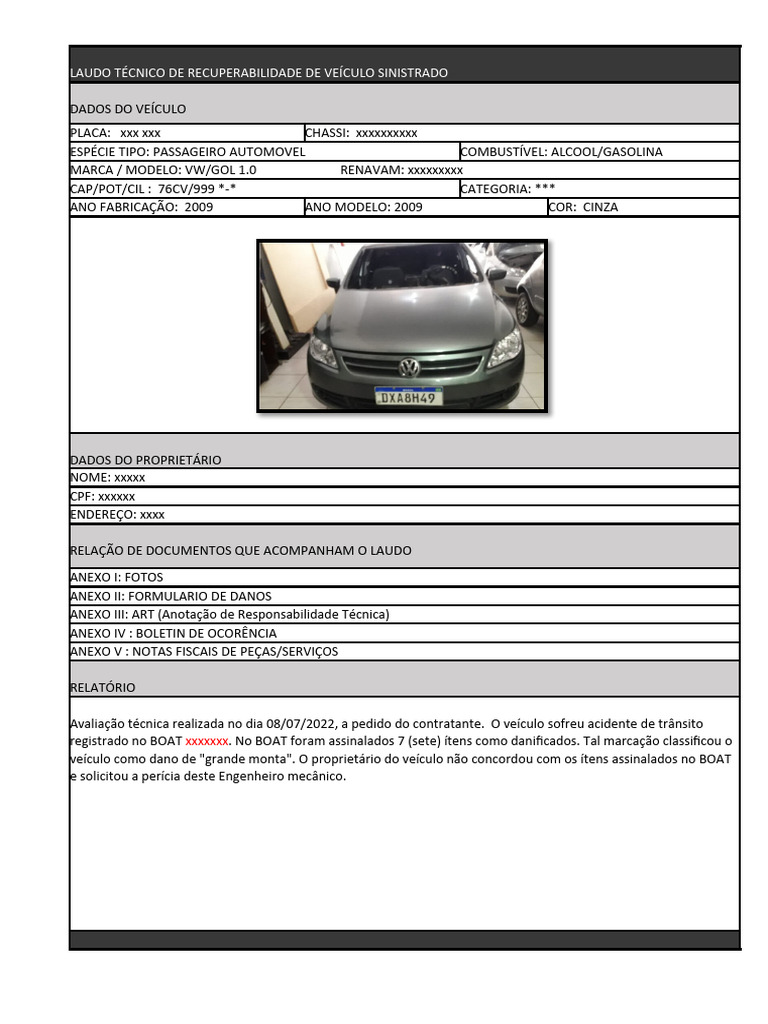 Modelo+ +Laudo+de+Recuperabilidade | PDF | Veículo motorizado | Veículos