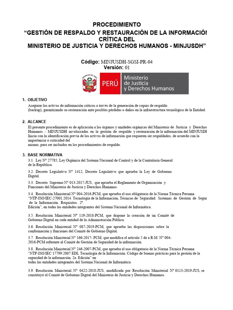 04-Procedimiento MINJUS-SGSI-PR-04 Respaldo y Restauración de La Informacion | PDF | Archivo de ...