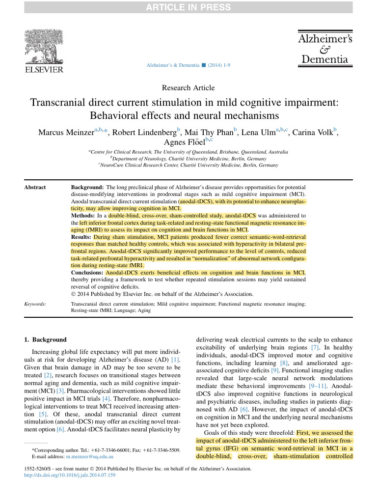 Transcranial Direct Current Stimulation in Mild Cognitive Impairment: Behavioral Effects and ...