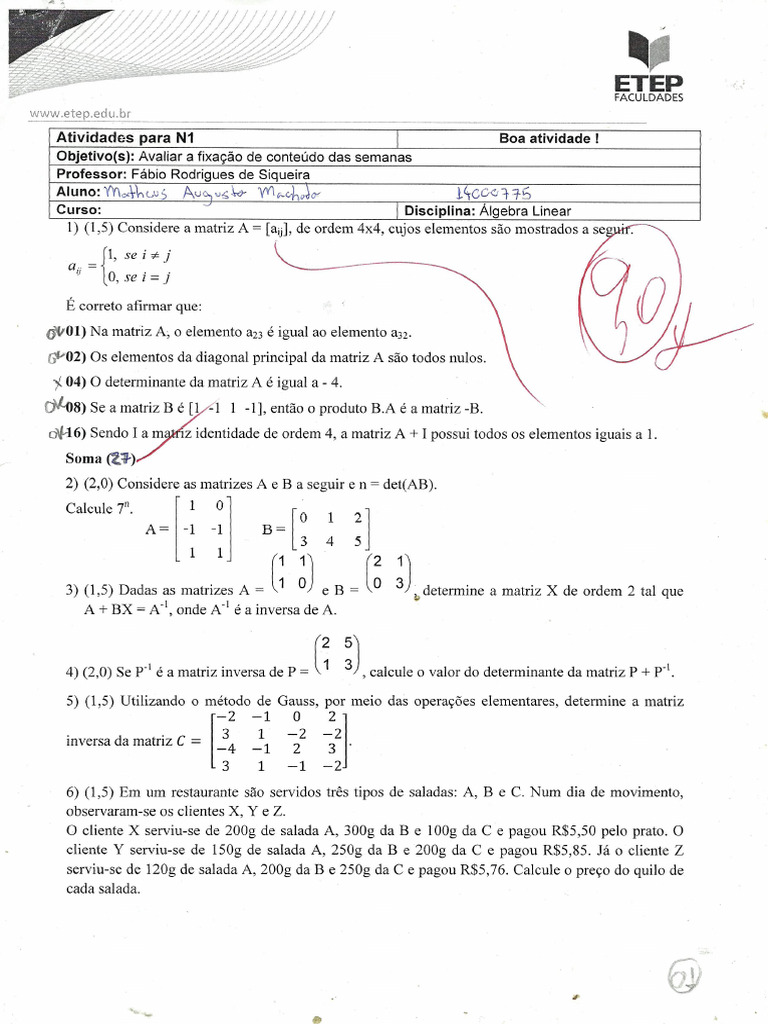 Prova N1 Algebra Linear0001 | PDF