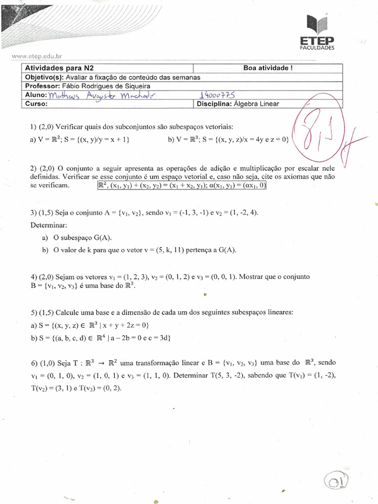 Prova N2 Algebra Linear0001 | PDF