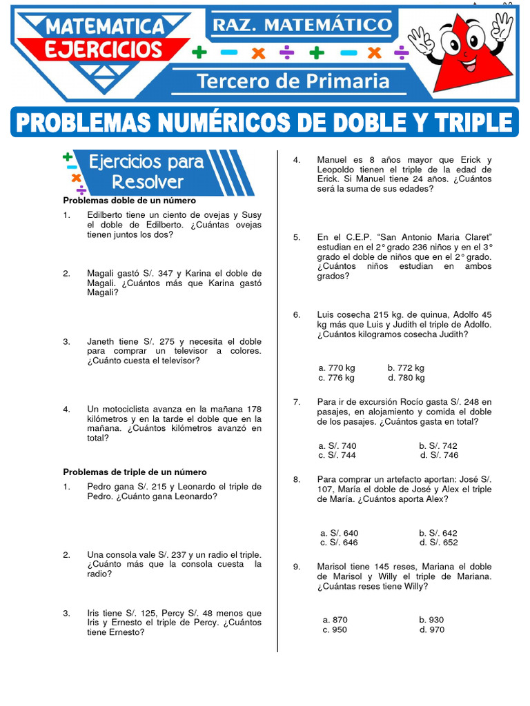 Problemas Numericos de Doble y Triple para Tercer Grado de Primaria | PDF