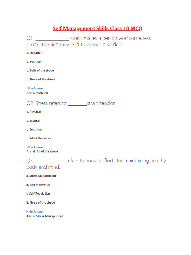 MCQ Self Management Skills Class 10 | PDF MCQ Self Management Skills Class 10 | PDF