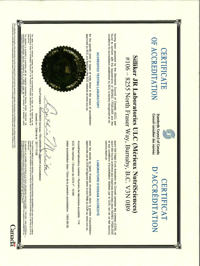 Silliker Canada Burnaby Certificate of Accreditation | PDF