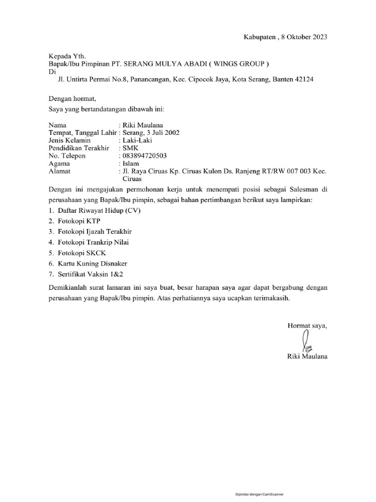 Berkas Lamaran Riki | PDF