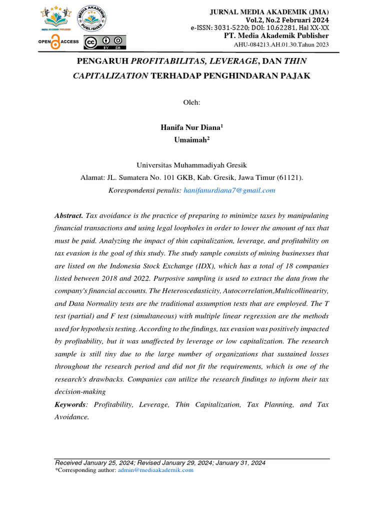 Pengaruh Profitabilitas, Leverage, Dan Thin Capitalization Terhadap Penghindaran Pajak | PDF