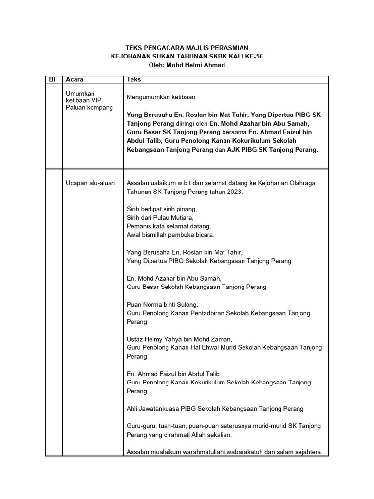 Teks Pengacara Majlis Perasmian Hari Sukan | PDF
