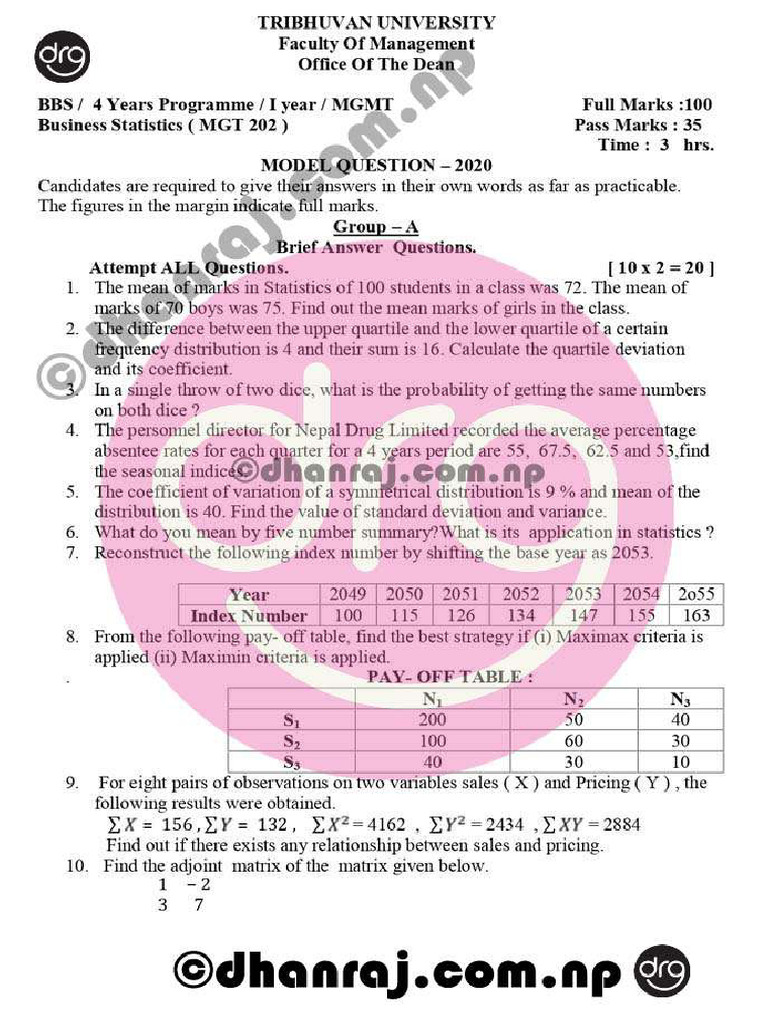 BBS First Year Business Statistics Model Question 2020 Set-B | PDF