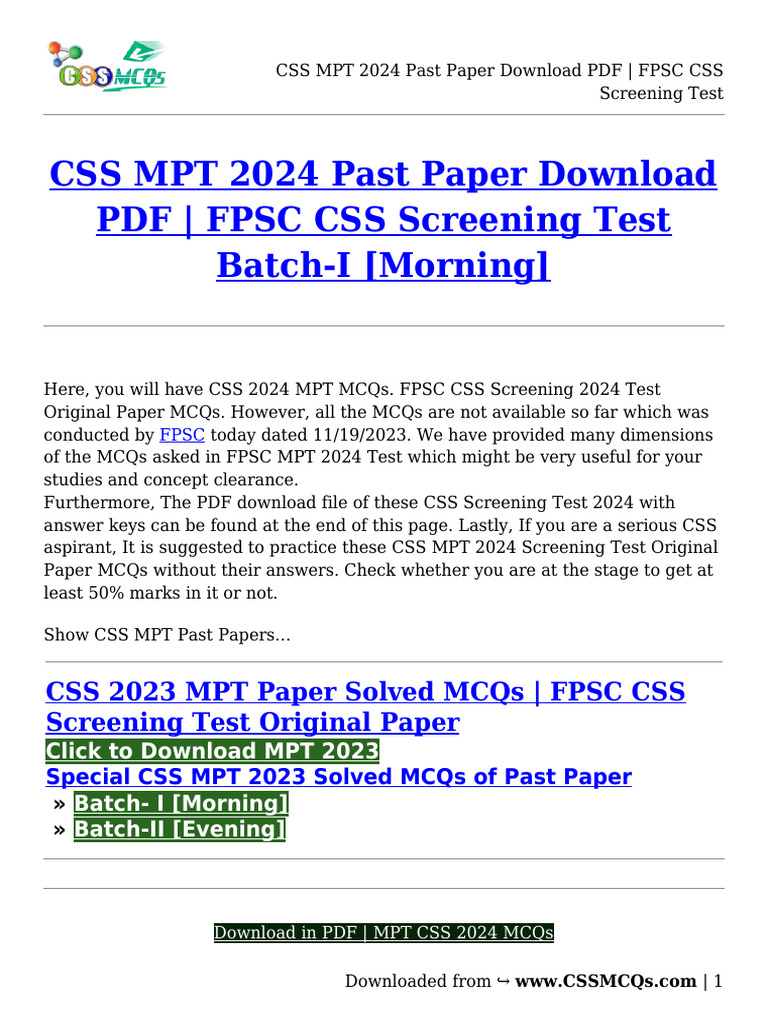 Css MPT 2024 Batch-1 FPSC Css Screening Test | PDF | Radiation ...