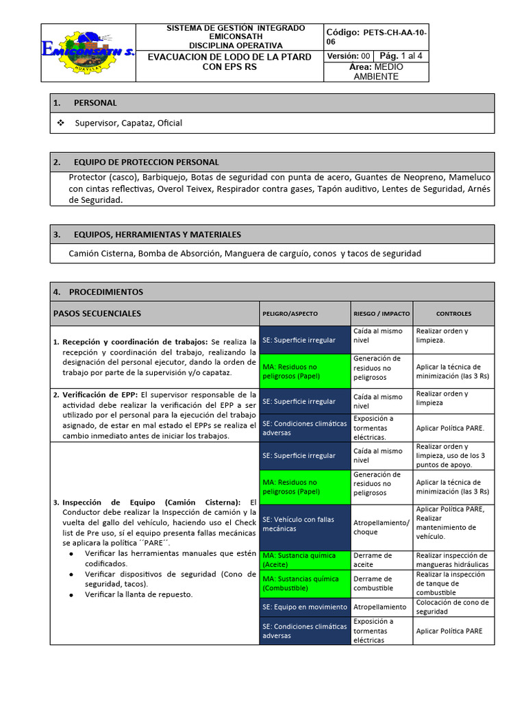 PRO-CH-MA-10-06 Evacuación de Lodo de La PTARD, Con EPS RS | PDF ...