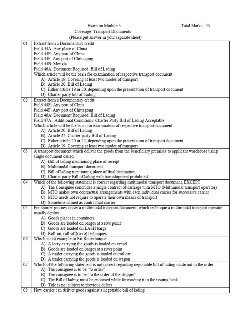 Module 5 Questions | PDF | Bill Of Lading | Shipping